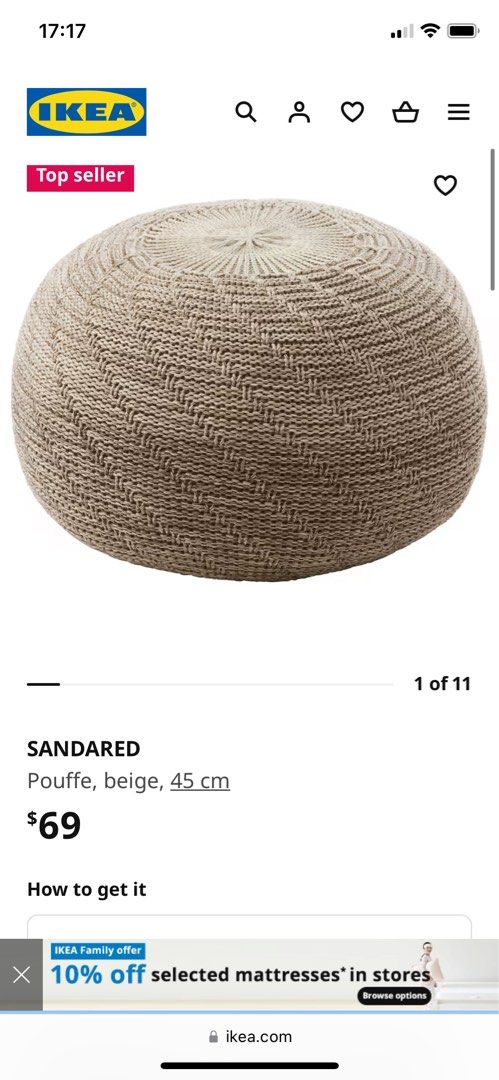 Ikea SANDARED Pouffe beige 45cm, Furniture & Home Living, Furniture ...
