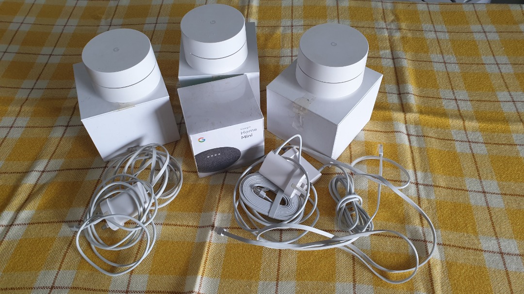 Original packed google Home Mini and 3 used google mesh router ...