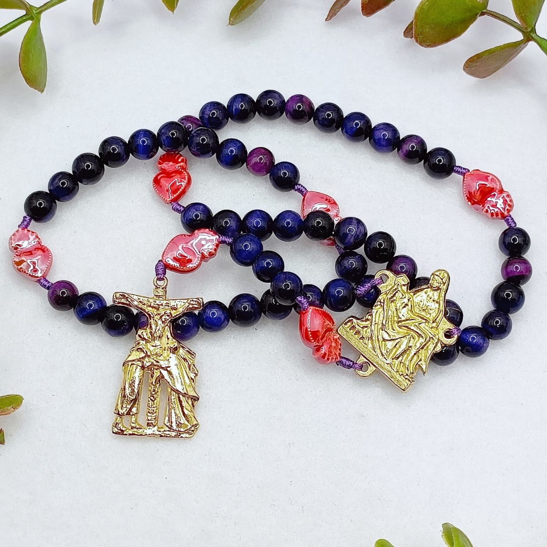 Pieta Rosary with Purple Tiger Eye, Porcelain Red Sacred Heart Beads ...