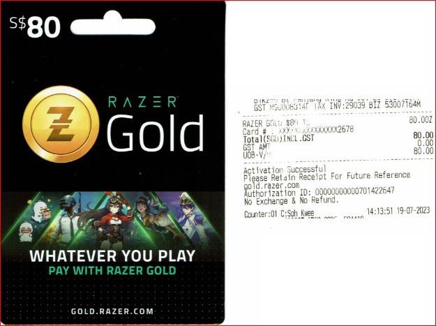 RAZER Gold Gift Card S$80, Video Gaming, Gaming Accessories, Game Gift ...