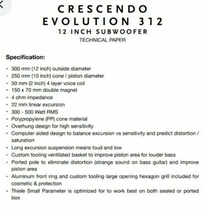 Subwoofer mobil cresendo evolution 312, Musik & Media, Aksesoris di Carousell