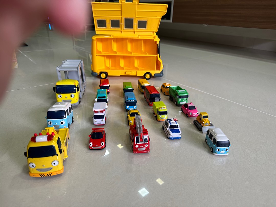 Tayo play set- 17 mini cars; yellow bus carry box; transporter set ...