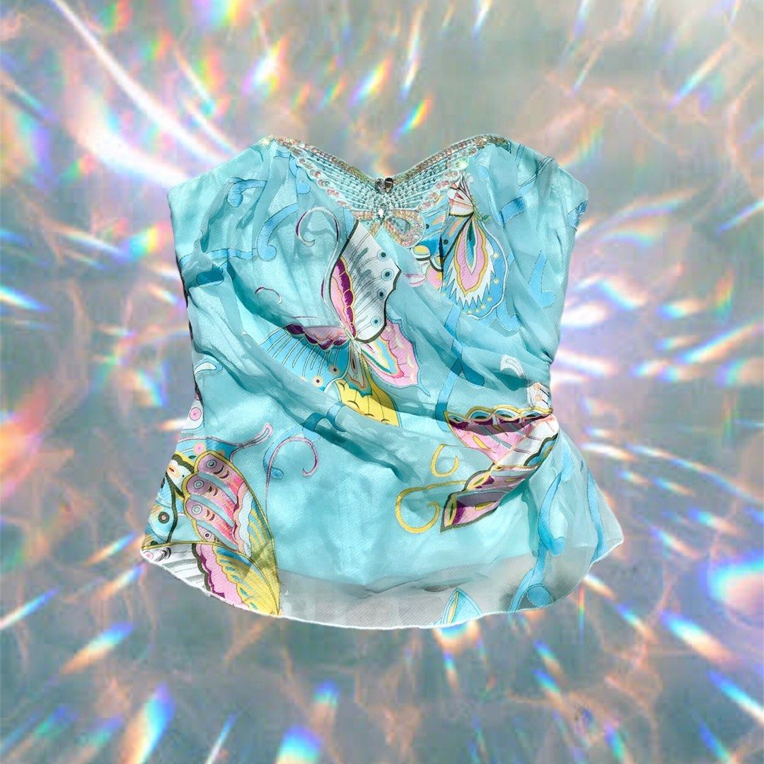 Y2K/MERMAIDCORE CYAN BUTTERFLY CORSET TOP, Women's Fashion, Tops ...