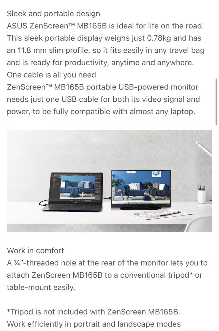 Asus portable monitor MB165B, Computers & Tech, Parts & Accessories ...