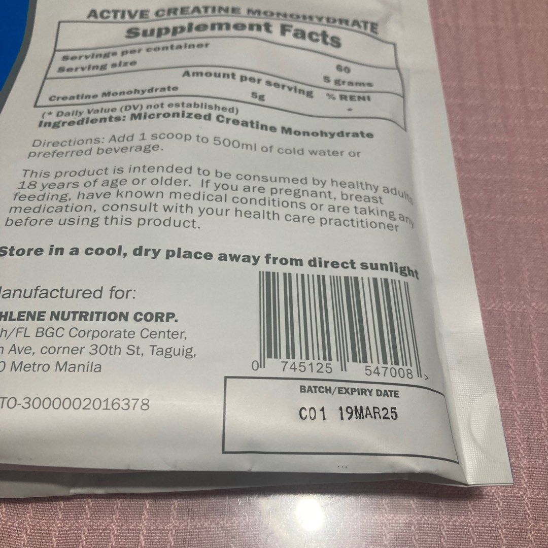 ATHLENE Creatine Monohydrate 300g (60 Servings) on Carousell