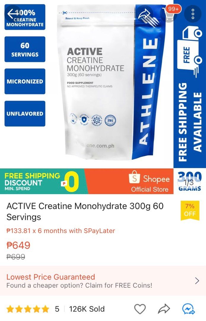 ATHLENE Creatine Monohydrate 300g (60 Servings) on Carousell