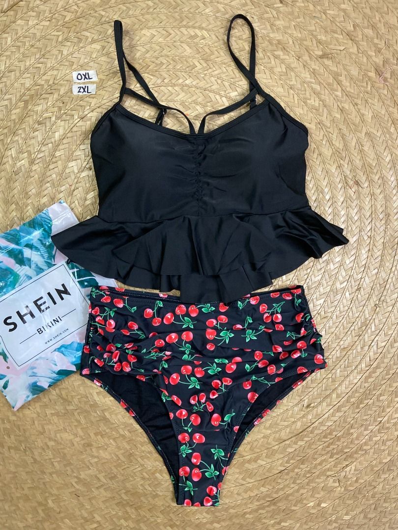 0xl black cherry print plus size two piece highwaist shein on Carousell