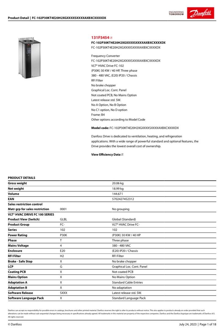 Danfoss VSD HVAC Drives FC102 IP20, 30kW (131F5454), Everything Else on ...