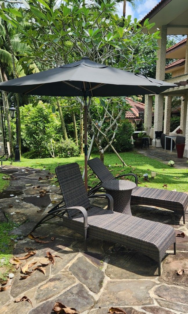 Lounge Chairs Table Umbrella Set, Furniture & Home Living, Outdoor ...