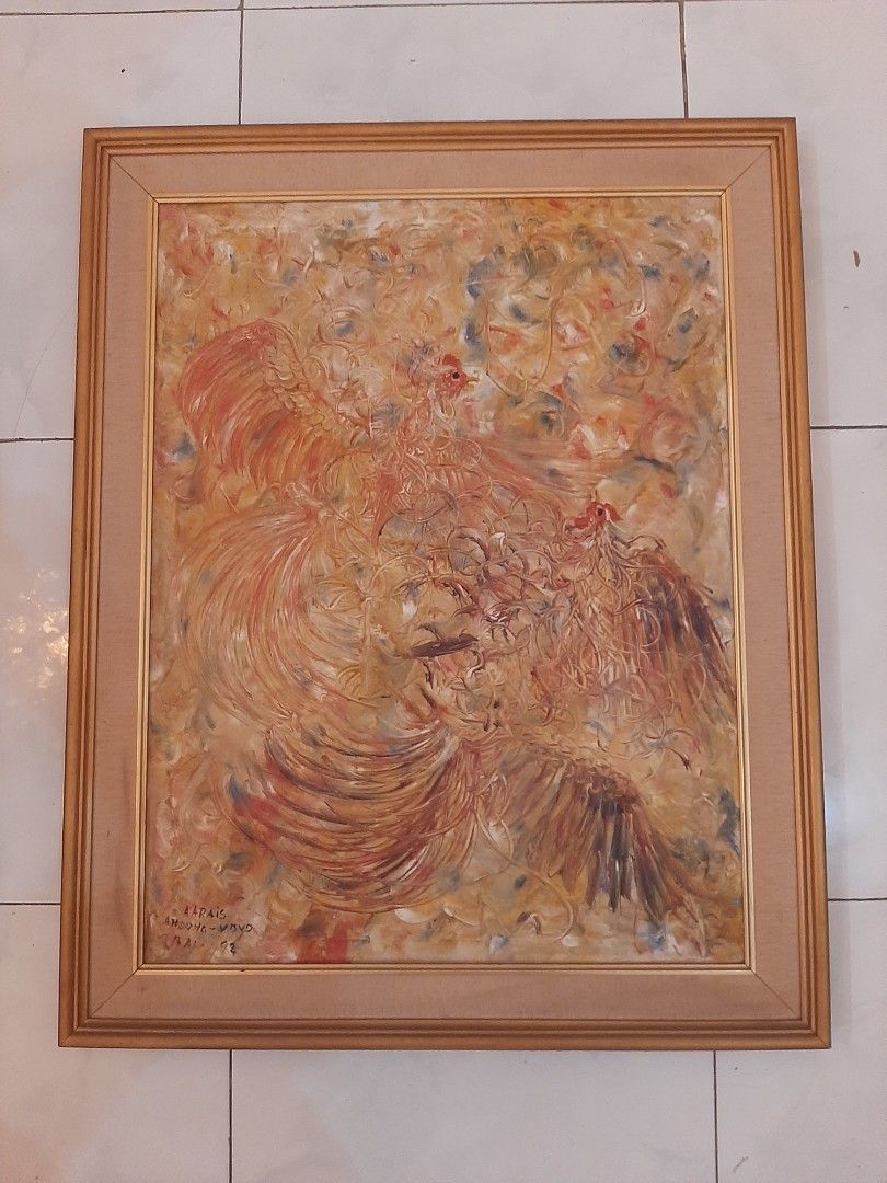 Lukisan Abstrak Ayam Jago Tarung, A A Rais, Andong Ubud, 1992, Desain ...