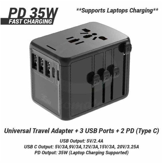 Universal Compact Travel Adapter Wall Plug with USB PD ports, Mobile ...