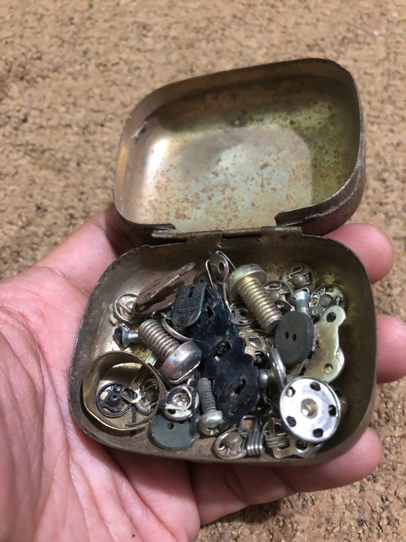 Very old metal container full of old sew kit accessories on Carousell