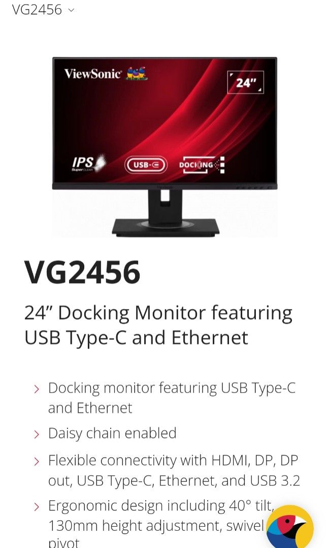 NEW Viewsonic VG2456 24” Docking Monitor w/ USB Type-C / Ethernet ...