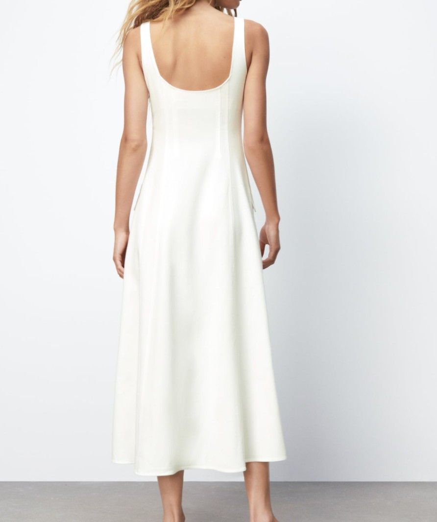 Zara textured white middi long dress, Fesyen Wanita, Pakaian Wanita, Gaun & Rok di Carousell