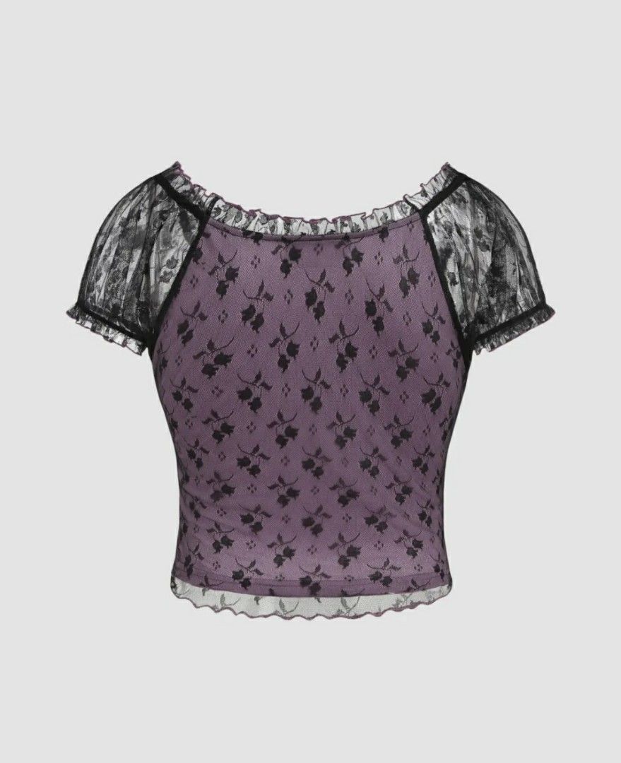 CIDER Violet Milkmaid Top Coquette Black Purple Floral Lace Ribbon ...