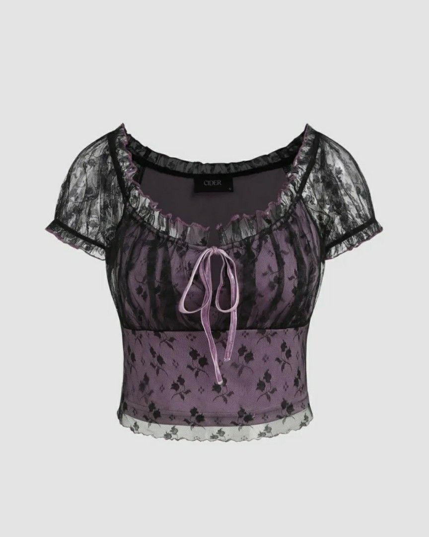 CIDER Violet Milkmaid Top Coquette Black Purple Floral Lace Ribbon ...