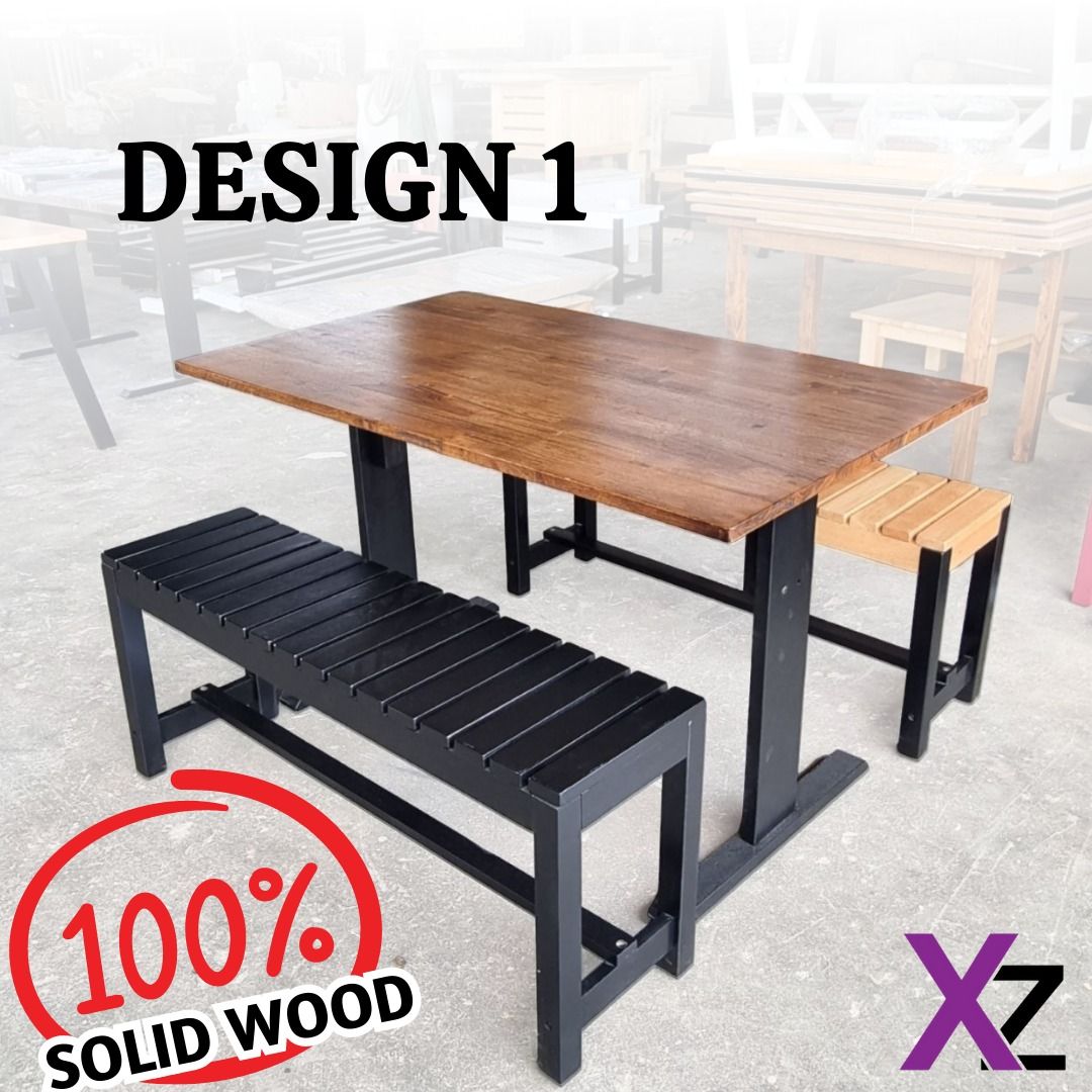 Dining Table Set (1 Table + 2 Bench) Meja Makan made of 100% Solid Wood Table Bench Chair Kerusi ...