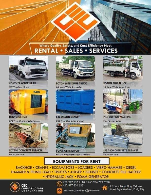 Equipment for Rents Tractor Head Mini dump truck Boom Truck Genset Pile ...