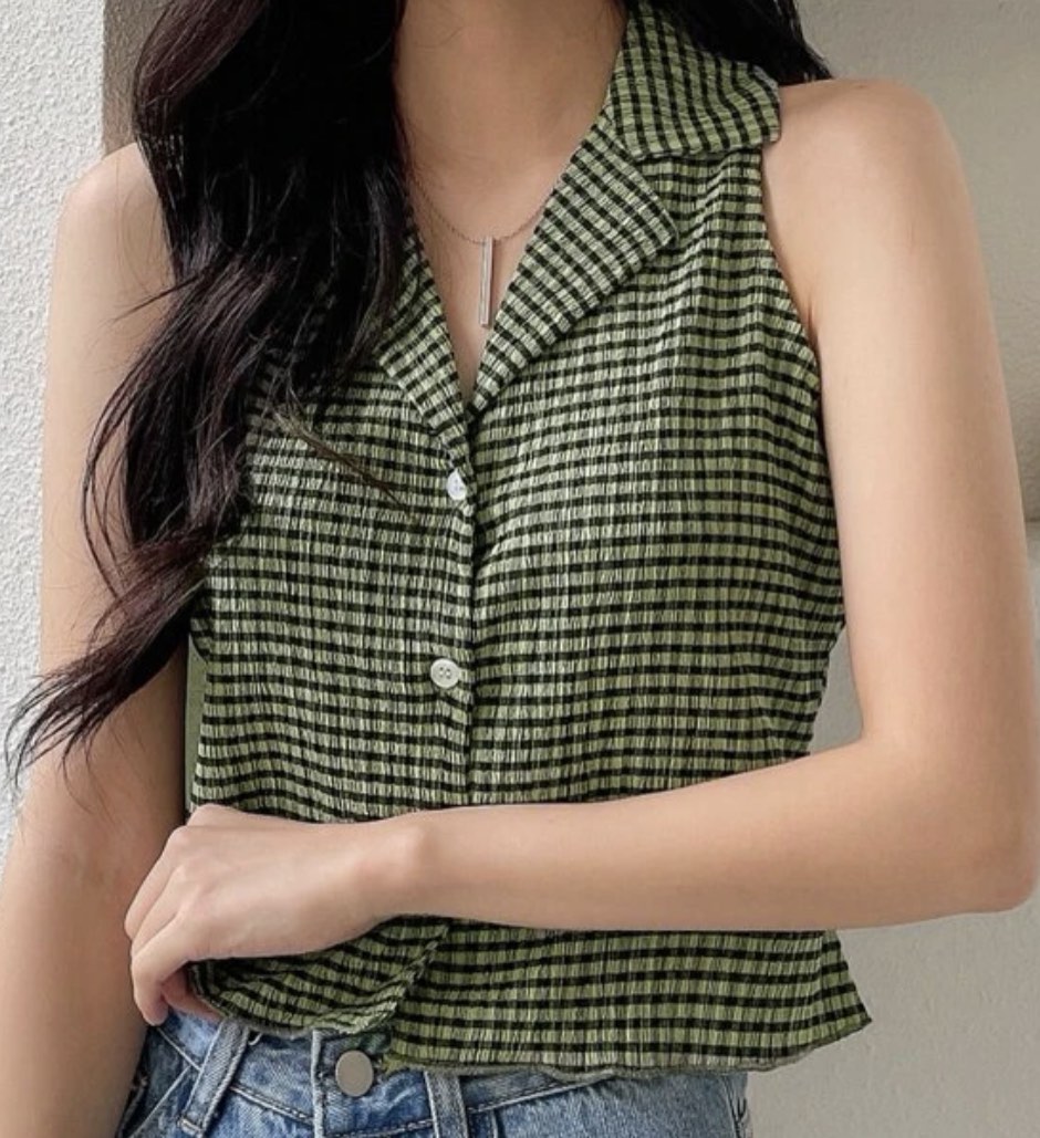 Green checkered Top, Women's Fashion, Tops, Sleeveless on Carousell