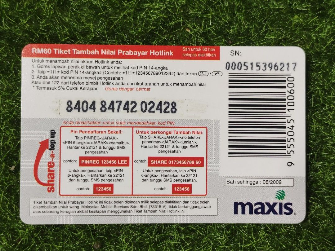 Hotlink RM60 Used Reload Card/ activate 017, Hobbies & Toys ...
