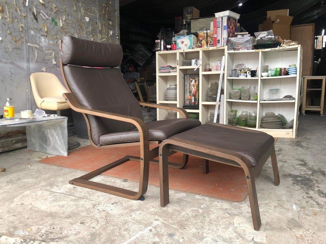Ikea poang armchair and ottoman Solid bentwood genuine leather relaxing ...