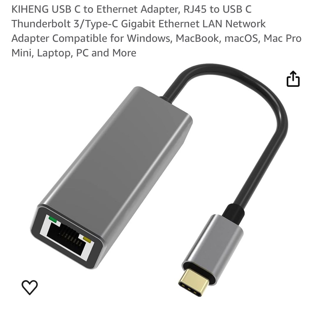 KIHENG USB C to Ethernet Adapter, RJ45 to USB C Thunderbolt 3/Type-C Gigabit Ethernet LAN ...