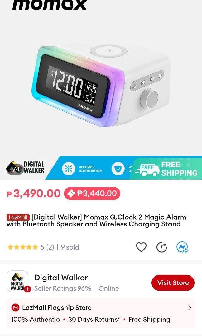Momax Q.Clock 2 Magic Alarm with Bluetooth Speaker and Wireless Charging on Carousell