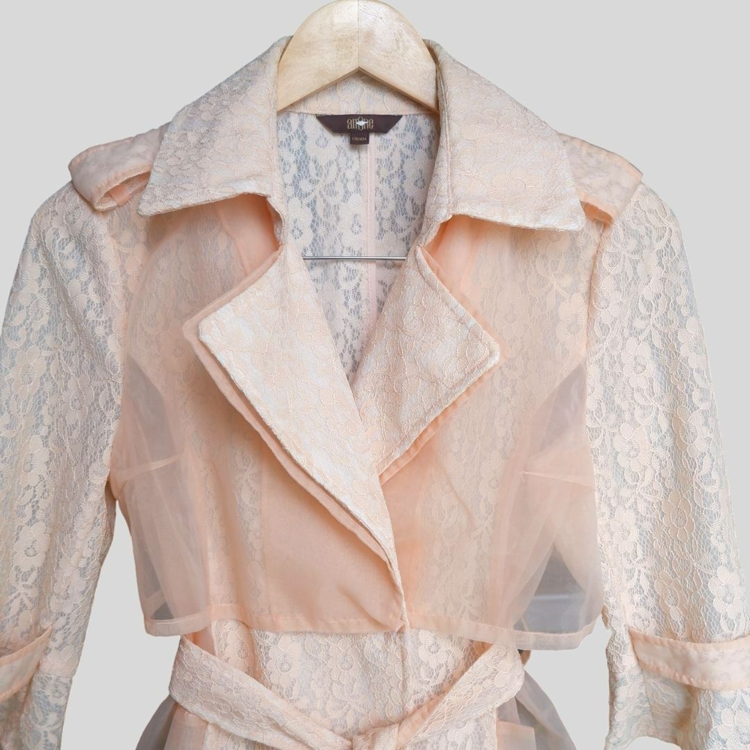 Peach See-Through Chiffon & Flora Lace Dress Coat, Women's Fashion ...