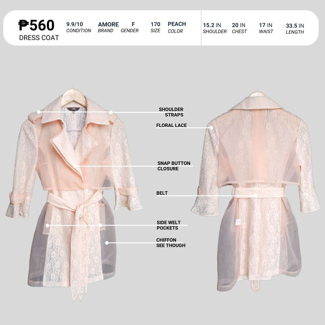 Peach See-Through Chiffon & Flora Lace Dress Coat, Women's Fashion ...