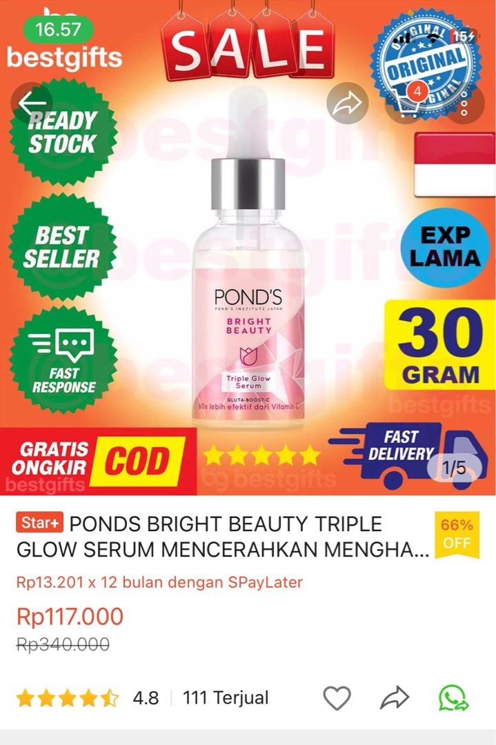 pond's bright beauty triple glow serum, Kesehatan & Kecantikan, Kulit, Sabun & Tubuh di Carousell