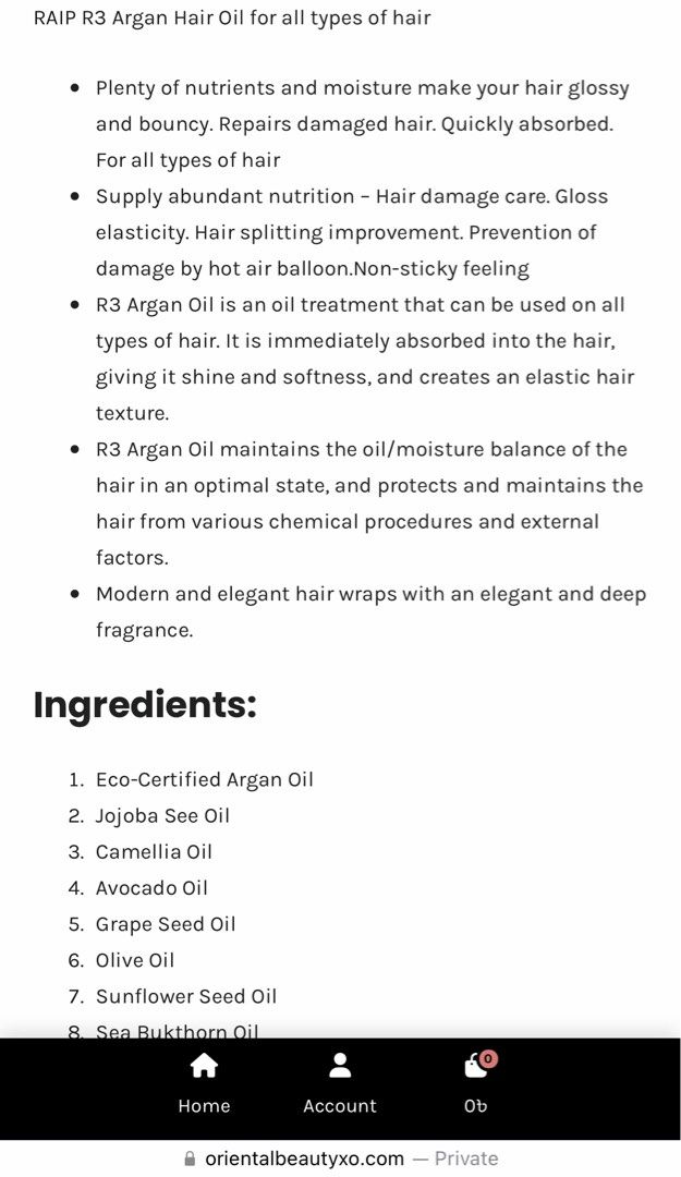 RAIP R3 ARGAN HAIR OIL, Beauty & Personal Care, Hair on Carousell