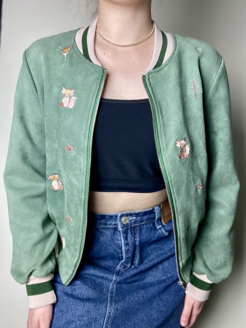rare muted green varsity jacket with cute embroidery on Carousell