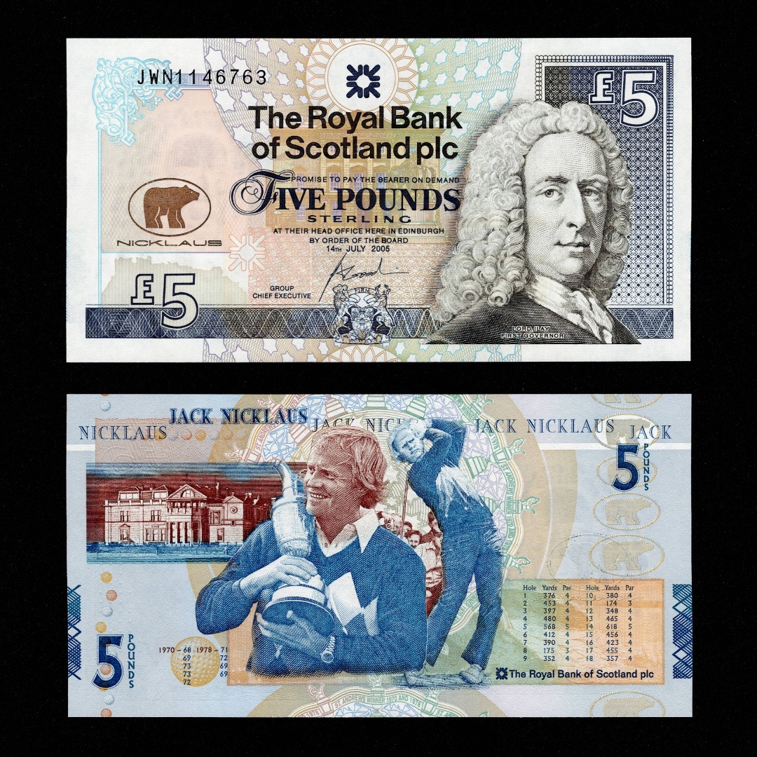 2005 SCOTLAND RBOS 5 POUNDS P-365 UNC > JACK WILLIAM NICKLAUS ...