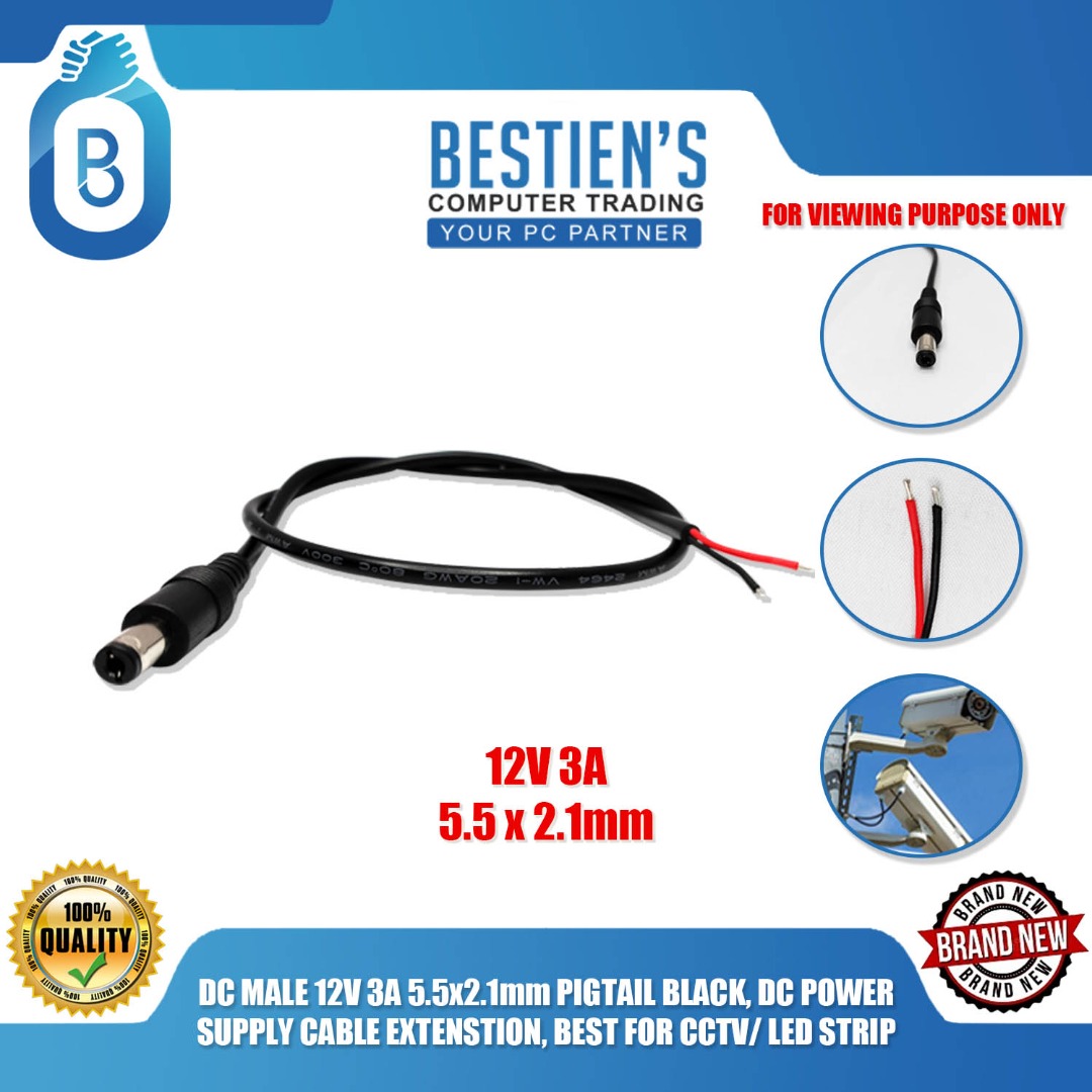 DC MALE 12V 3A 5.5x2.1mm PIGTAIL BLACK, POWER CABLE EXTENSION COOPER ...