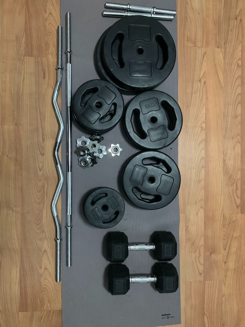 Home Gym Equipment Plates, Dumbbells, Straight and Curl Bars, and Bench ...