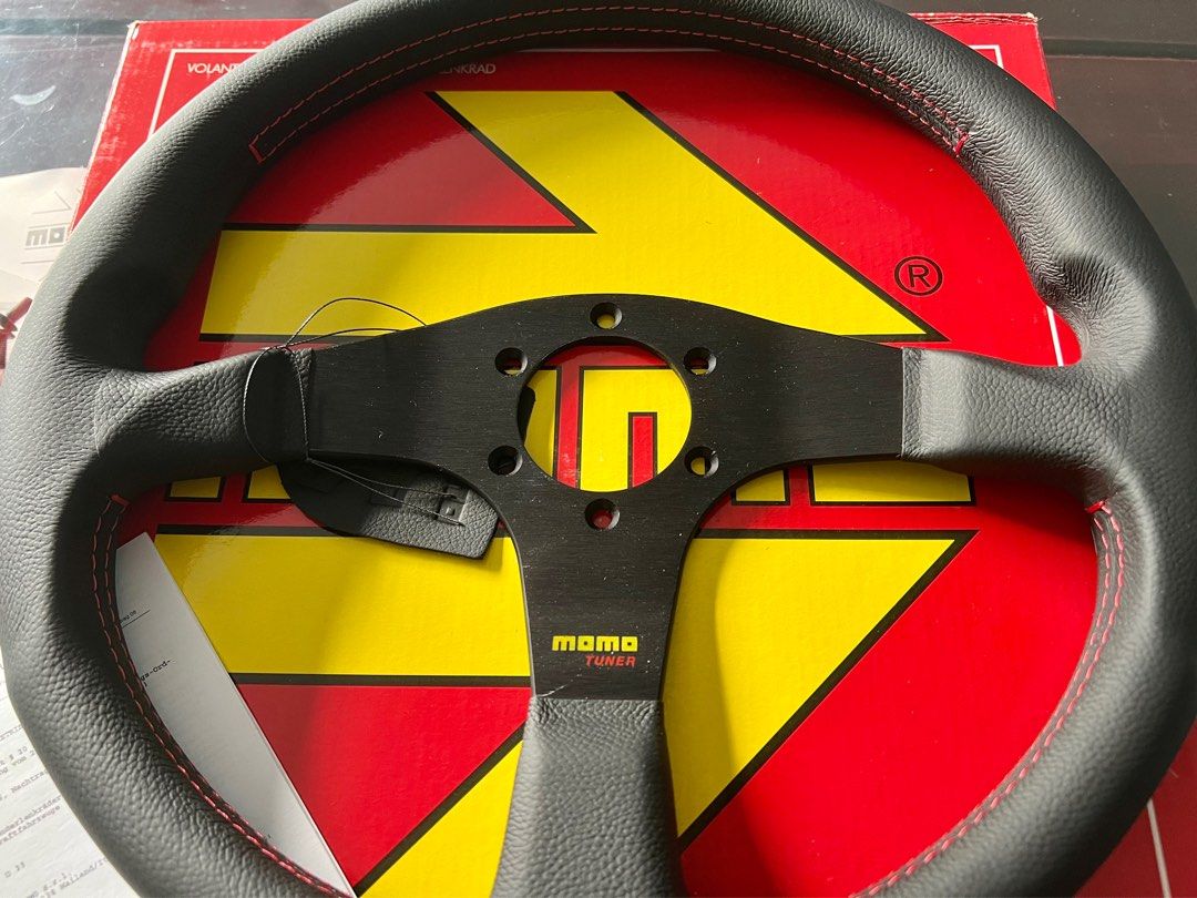 Momo Tuner black Leather 350mm Steering Wheel red stitch, Car ...