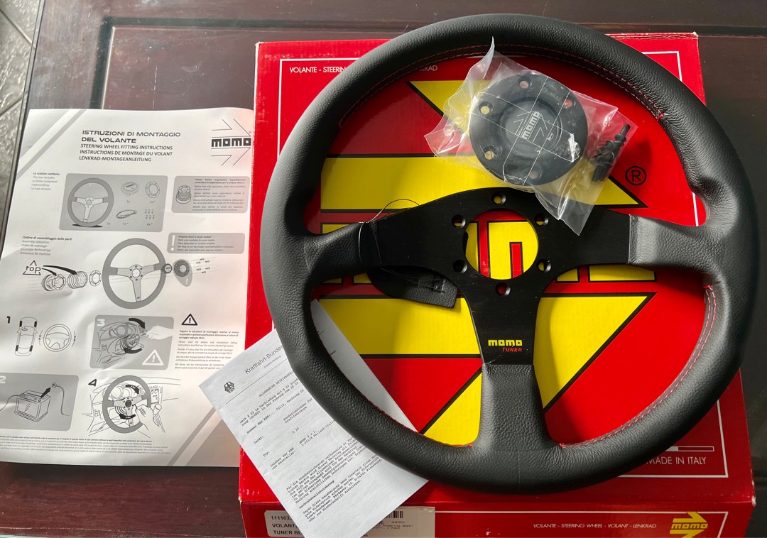 Momo Tuner black Leather 350mm Steering Wheel red stitch, Car ...