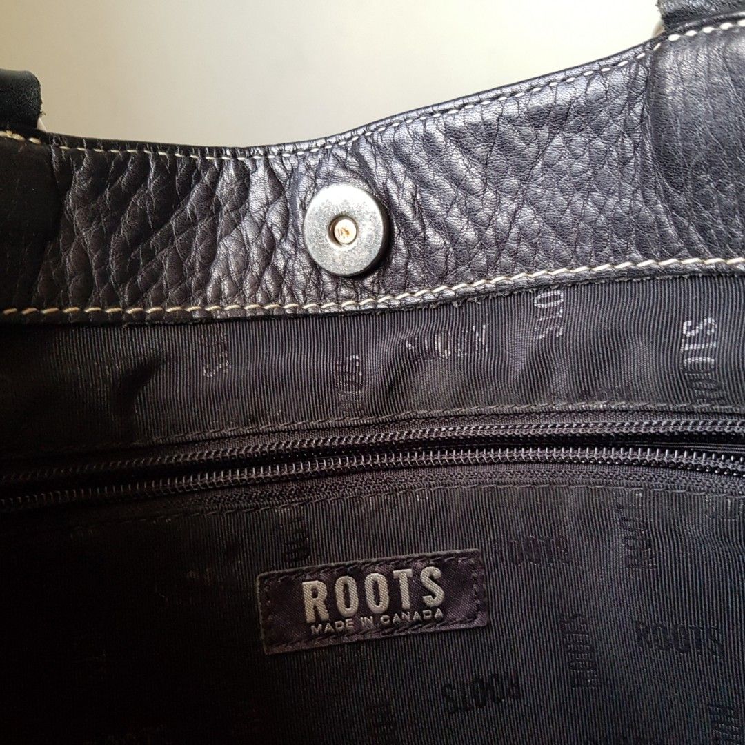 ROOTS Canada Black Leather Tote Bag with Monogram 'T', Women's Fashion ...