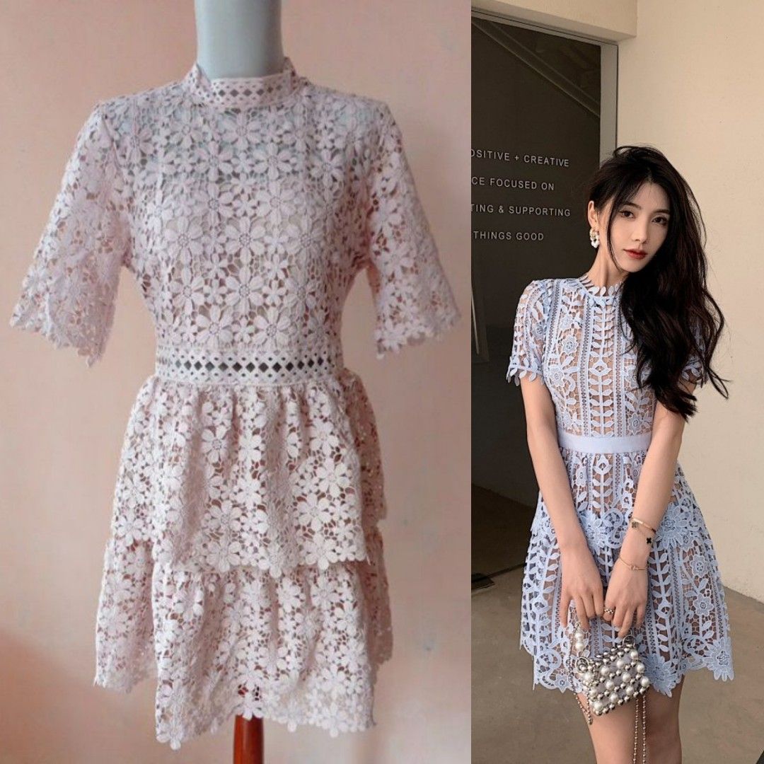 SELF PORTRAIT INSPO Lace Crochet Mini Dress Tiered Layered High Neck ...