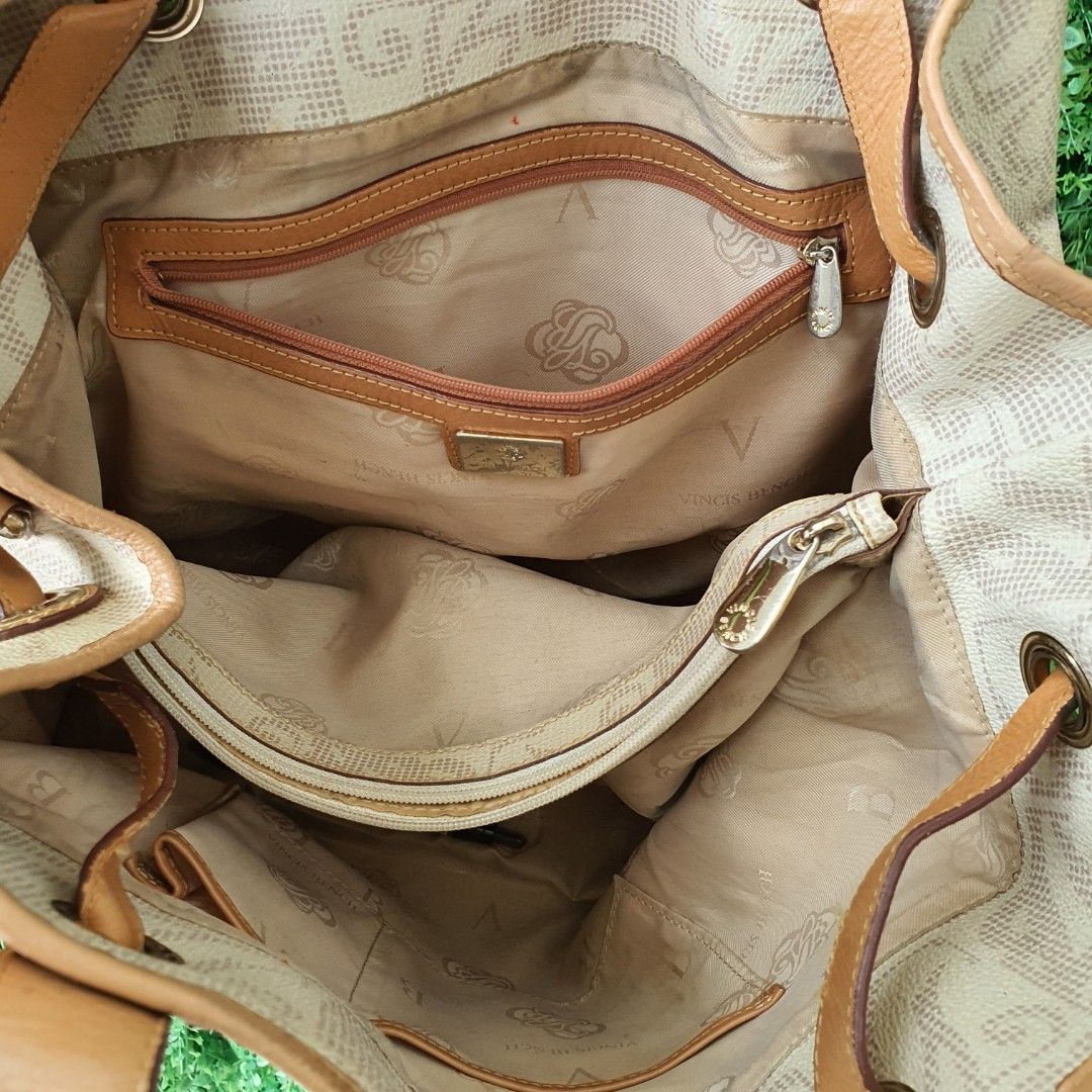 Tas tote PVC kulit Vincis Bench Stripes vintage, Fesyen Wanita, Tas ...