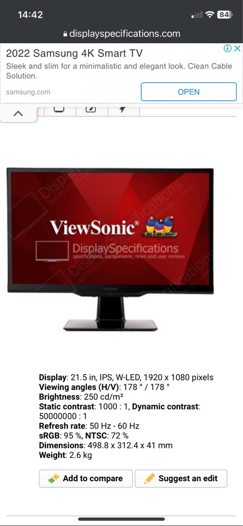 ViewSonic 21.5 inch LED monitor screen VX2236, Computers & Tech, Parts ...