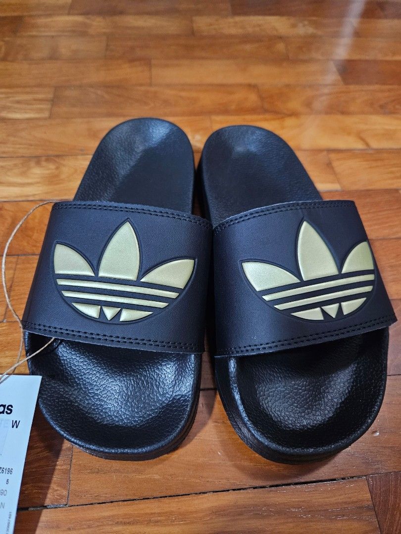 Adidas slides black with gold logo, Women's Fashion, Footwear ...