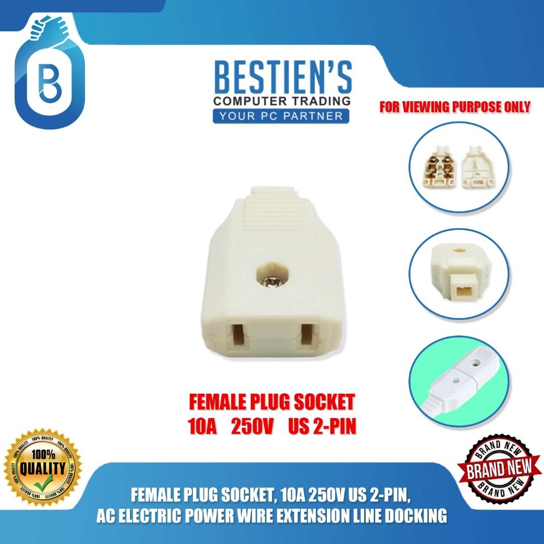 FEMALE PLUG SOCKET, 10A 250V US 2-PIN, AC ELECTRIC POWER WIRE EXTENSION ...