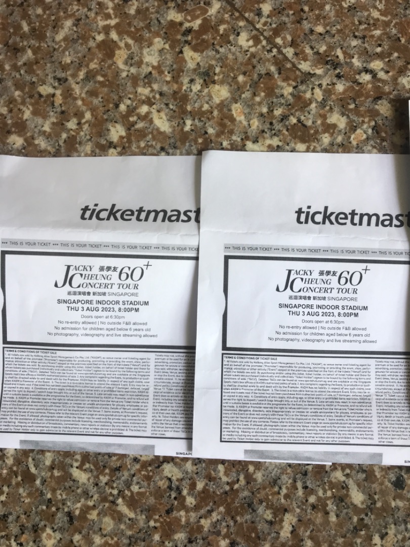 Jacky Cheung Concert Ticket 60+ Cat 1 ticket , Tickets & Vouchers ...