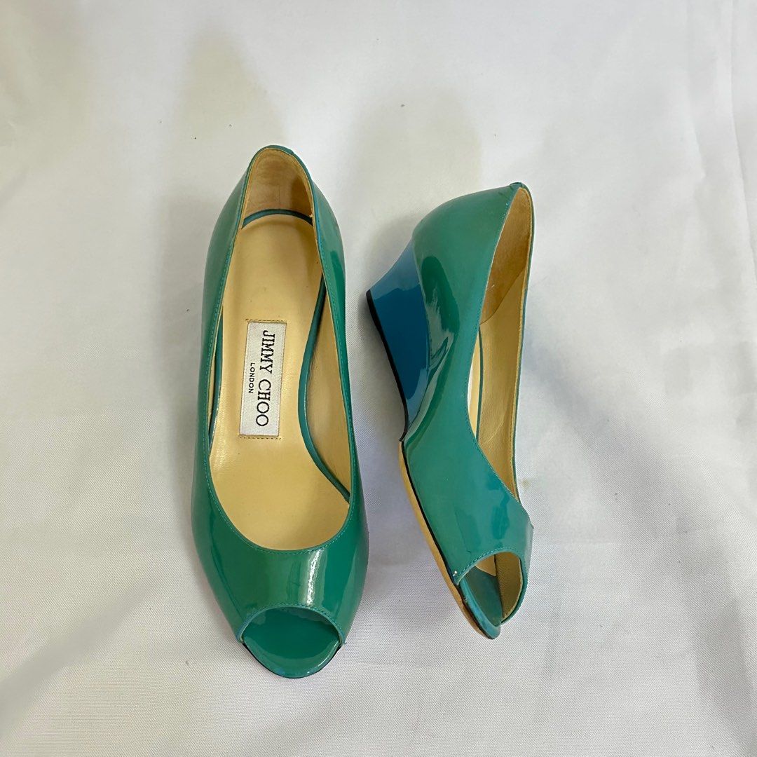 JIMMY CHOO Turquoise Peep-toe Patent Wedge Heels on Carousell