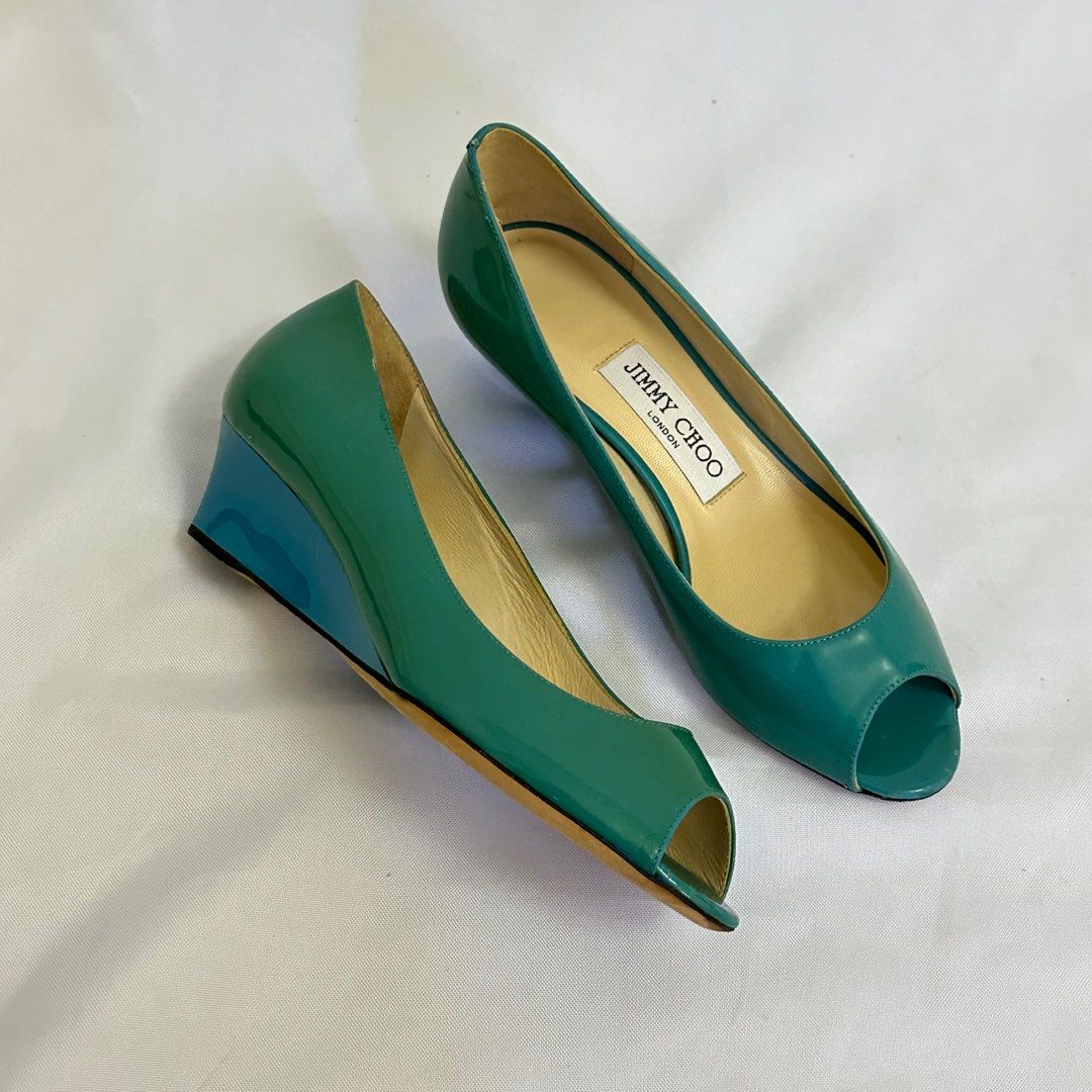 JIMMY CHOO Turquoise Peep-toe Patent Wedge Heels on Carousell