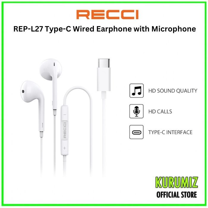 Recci REP-L27 Type-C Wired Earphone with Microphone, Audio, Earphones ...