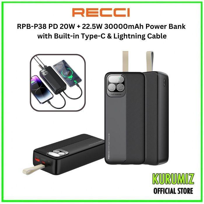 Recci RPB-P38 PD 20W + 22.5W 30000mAh Power Bank with Built-in Type-C & Lightning Cable, Mobile ...