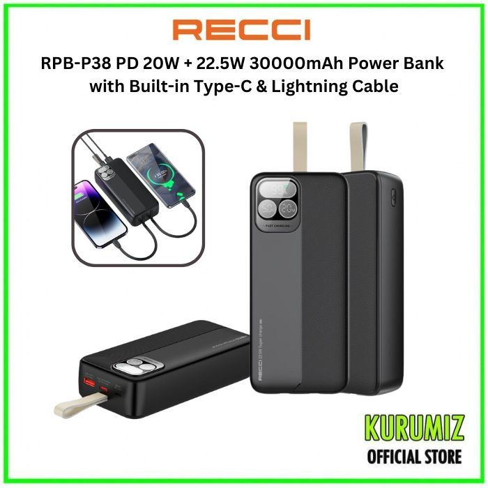 Recci RPB-P38 PD 20W + 22.5W 30000mAh Power Bank with Built-in Type-C & Lightning Cable, Mobile ...