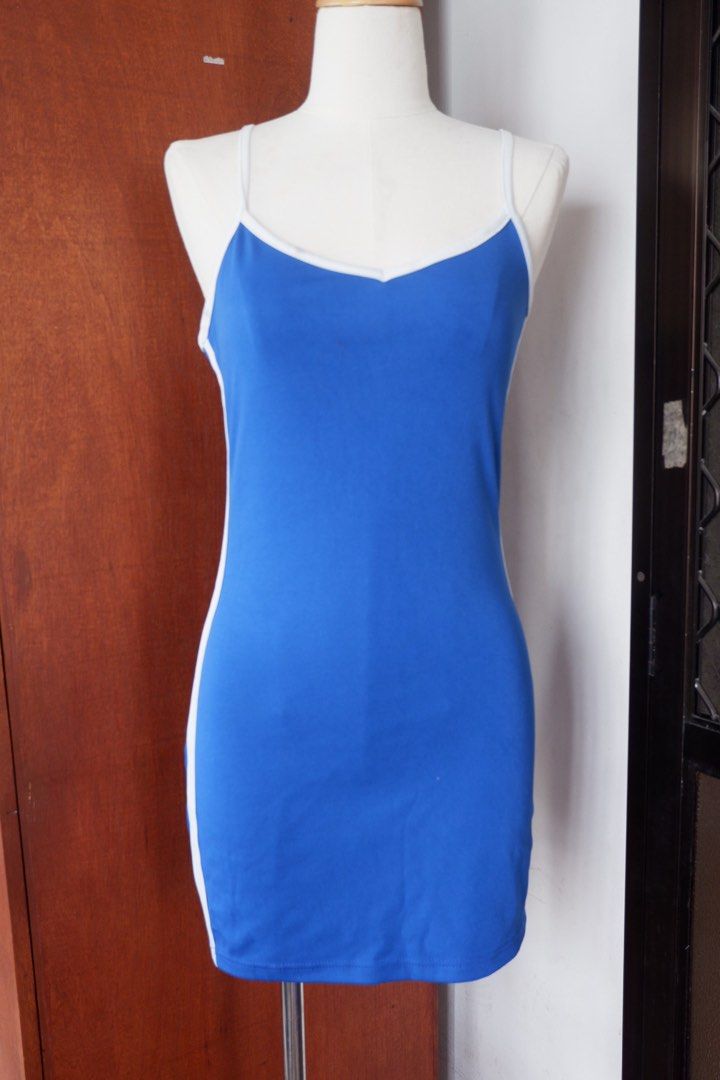 V-Neck blue and white bodycon dress on Carousell